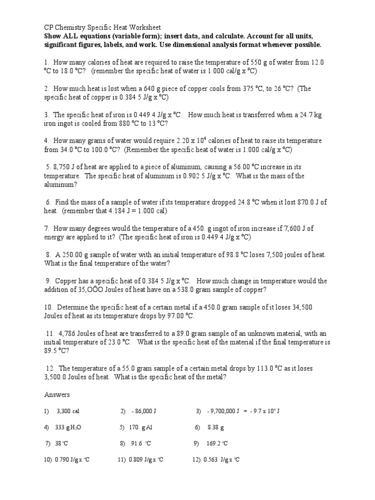 Specific Heat Calculations Worksheet | PDF | Calorie | Branches Of ...