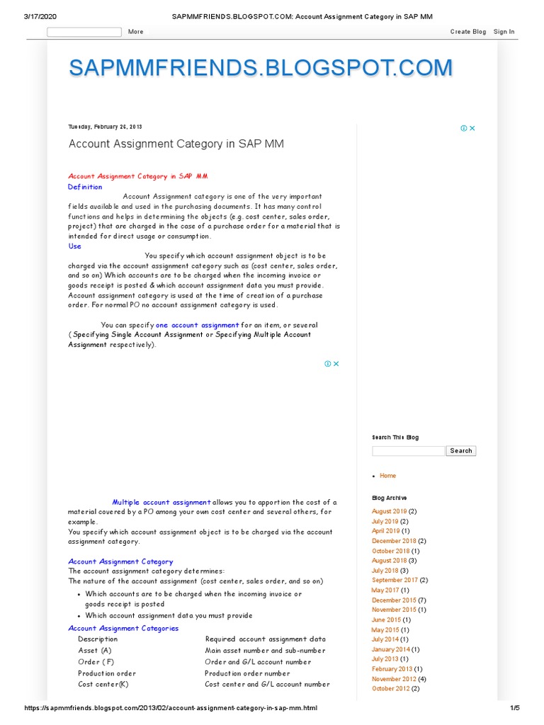 Account Assignment Category in Sap MM | PDF | Receipt | Inventory