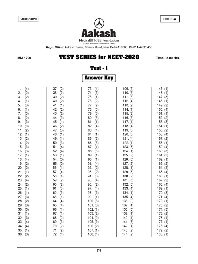 Test Series For NEET-2020 - TestNo.1 - Answer and Solutions | PDF ...