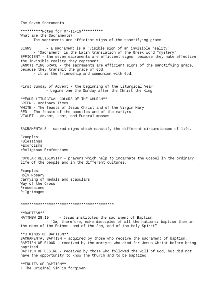 Notes For The Seven Sacraments | PDF | Baptism | Eucharist