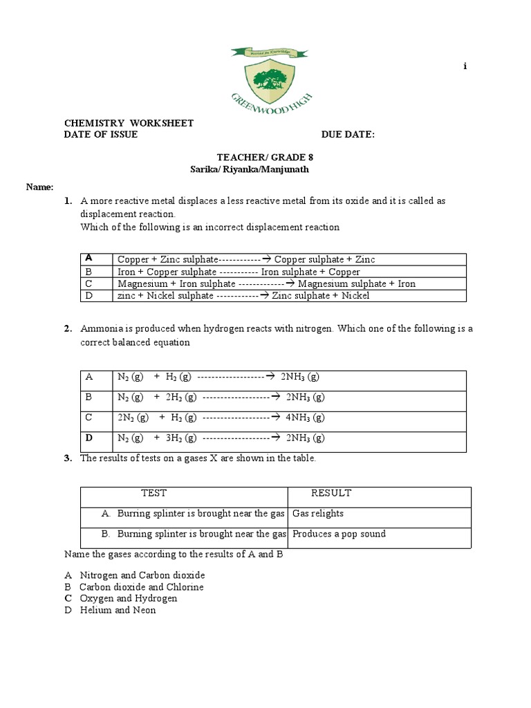 Reactivity Series Worksheet - 8B and 8C | PDF | Oxide | Magnesium