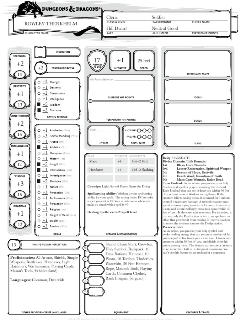 D&D 5e Character Sheet Rowley Therkhelm - Hill Dwarf - Life Cleric ...