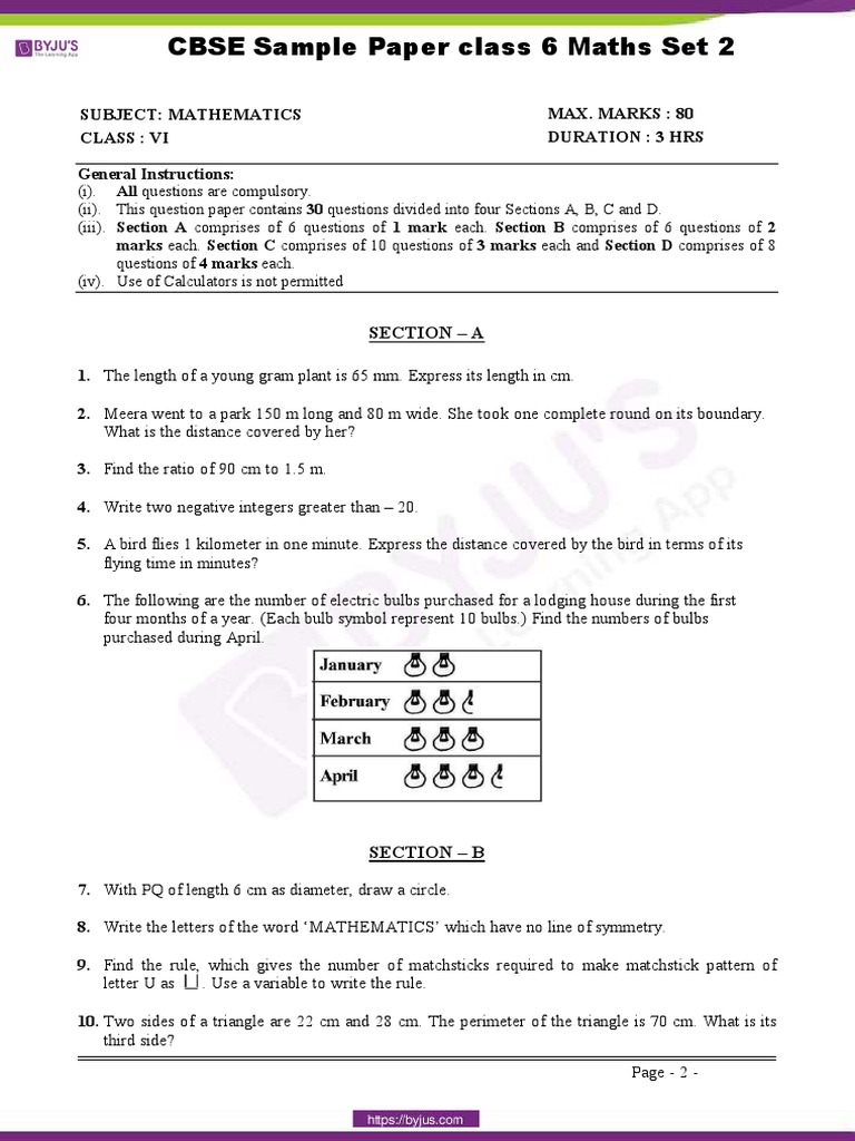 CBSE Sample Paper Class 6 Maths Set 2 | PDF | Numbers | Area