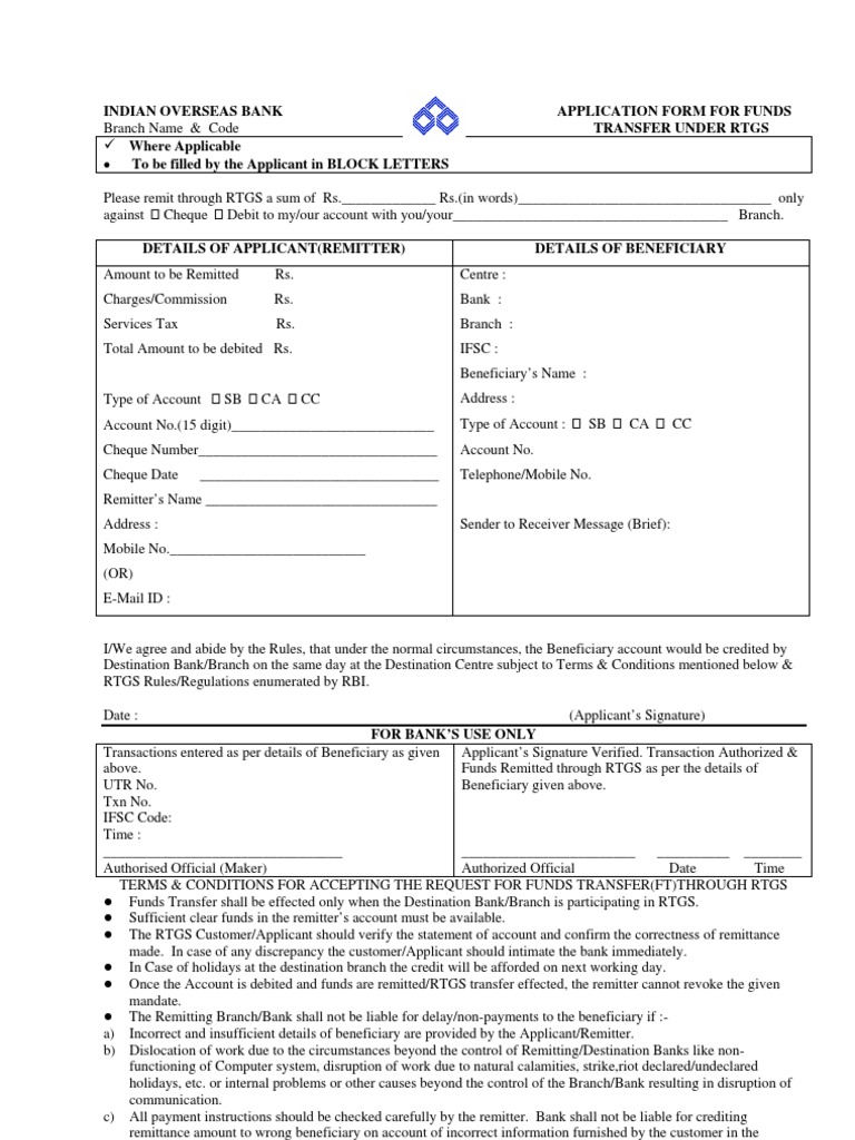 Iob Rtgs Form | PDF | Cheque | Debit Card