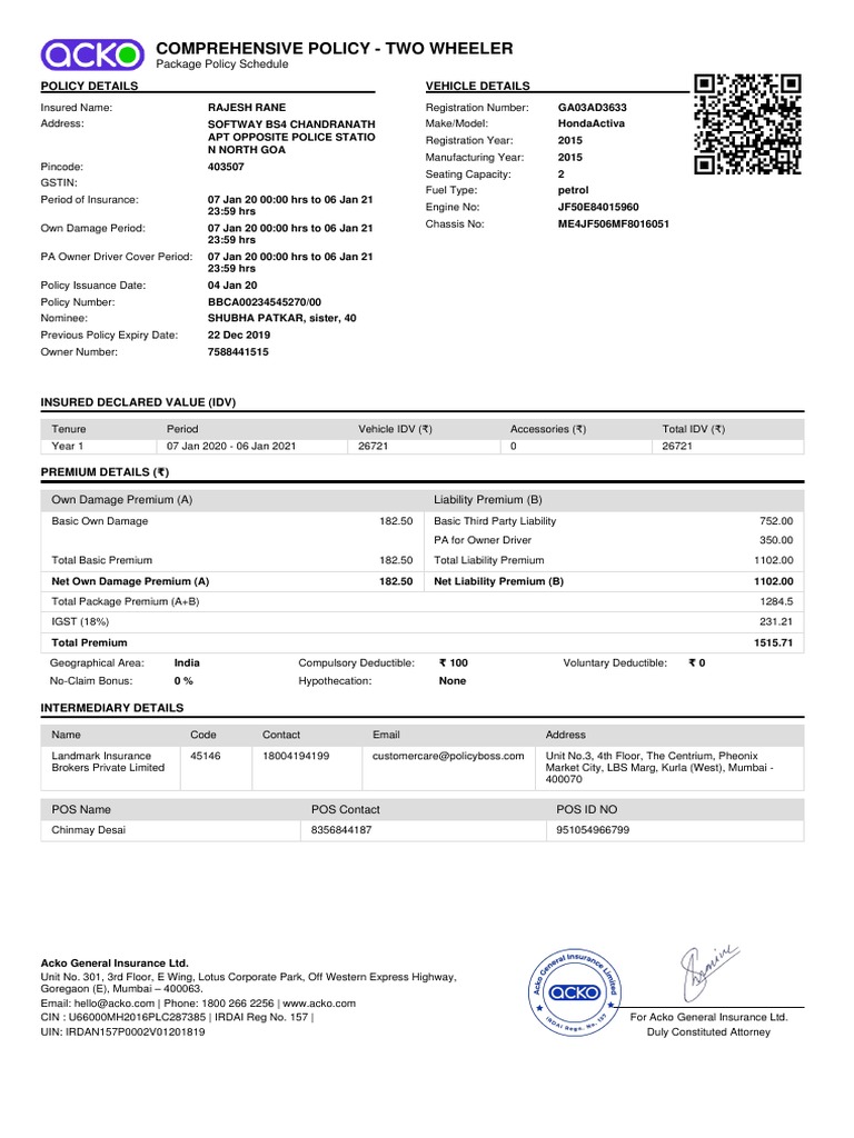 Acko Two-Wheeler Insurance Policy Details | PDF | Insurance | Private Law
