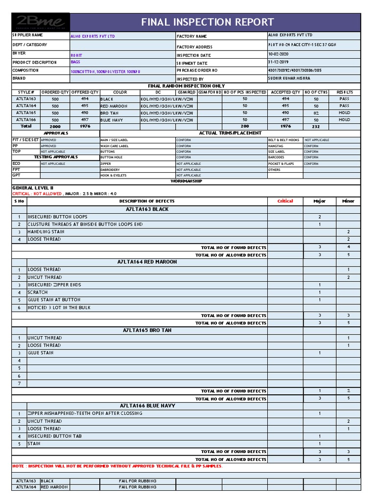 Final Inspection Report for Apparel | PDF | Clothing