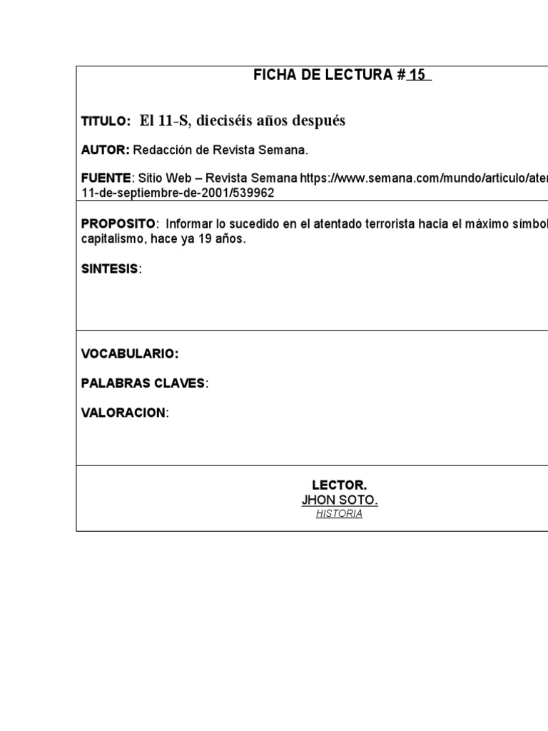 FICHA DE LECTURA # 15 Texto Historico - 11 de Septiembre Del 2001 ...