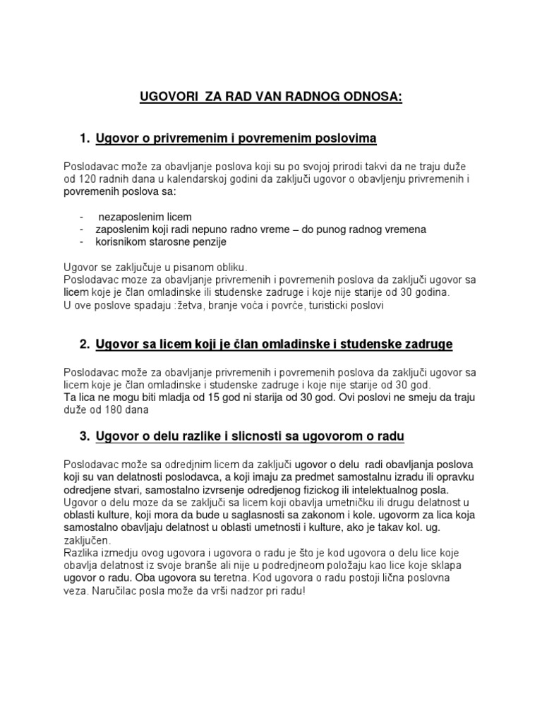 Ugovori Za Rad Van Radnog Odnosa PDF | PDF