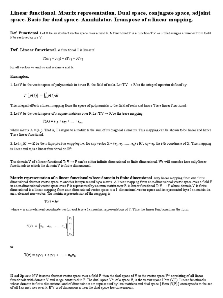 Linear Functional. Matrix Representation. Dual Space, Conjugate Space, Adjoint Space. Basis For ...