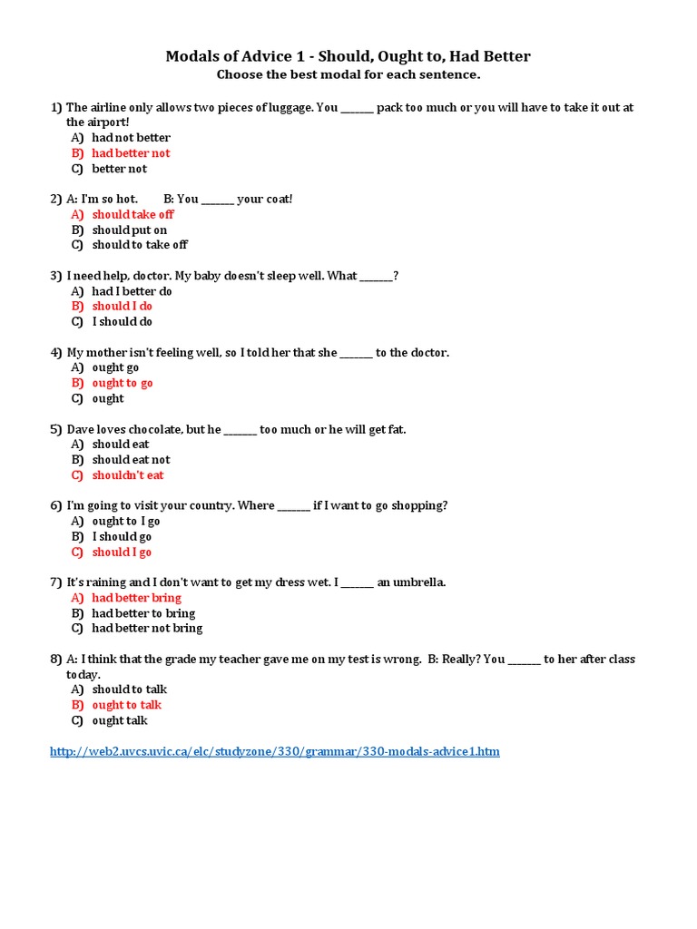 Modals of Advice - Had Better - Should - Ought To Multiple Choice KEY ...