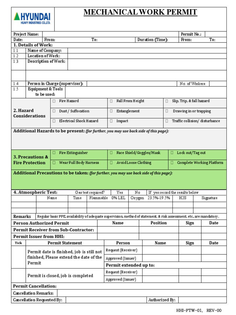 Mechanical Work Permit Template | PDF | Personal Protective Equipment ...