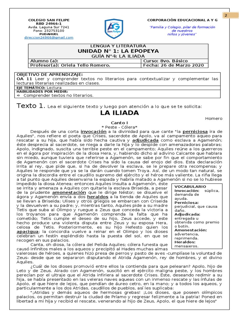 Guía Clase 4 La Iliada | PDF | Aquiles | Ilíada