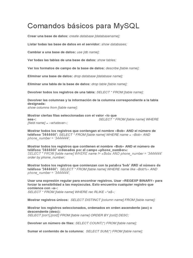 Comandos Básicos para MySQL | PDF | SQL | Bases de datos