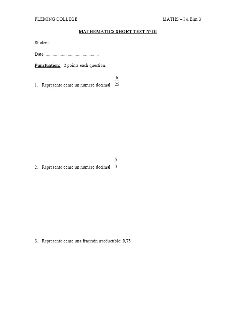 MATHEMATICS SHORT TESTS 1st YEAR 2008 3 | PDF | Fracción (Matemáticas ...