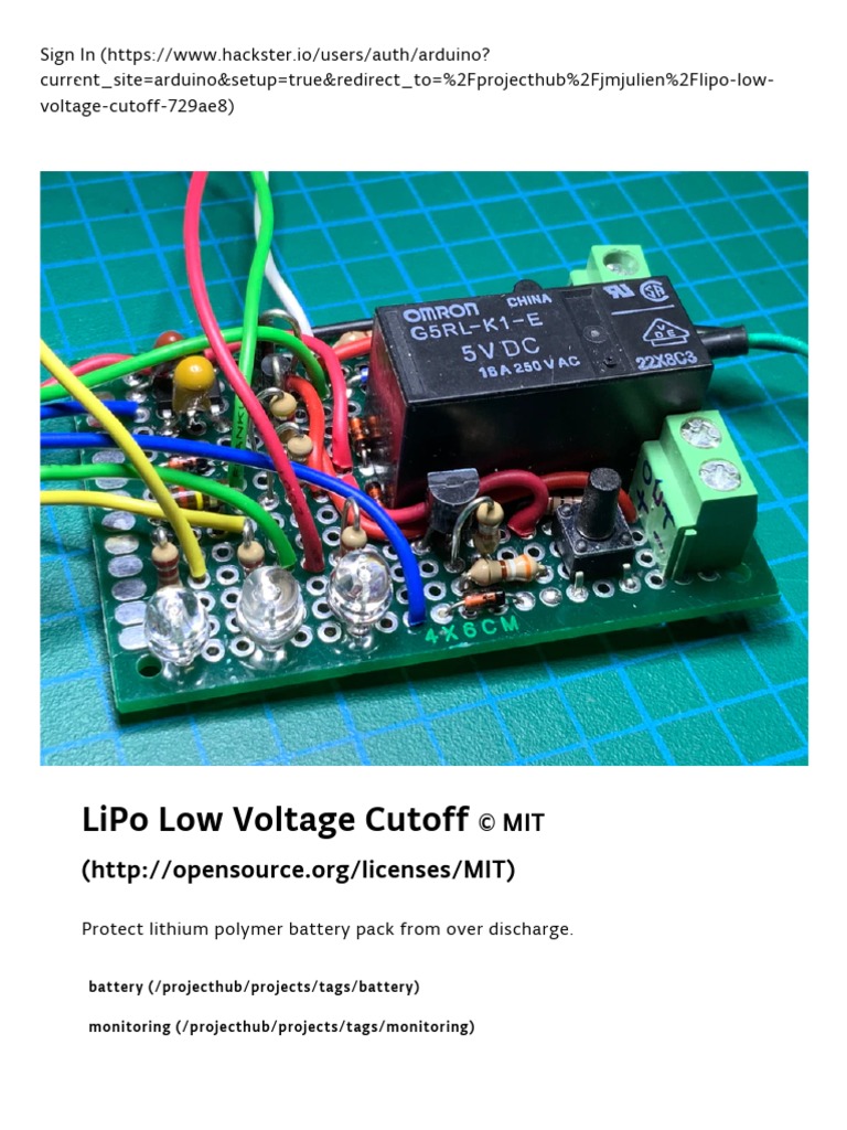 LiPo Low Voltage Cutoff - Arduino Project Hub | PDF | Relay ...