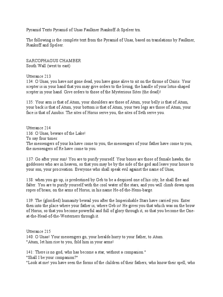 Pyramid Texts Pyramid of Unas Faulkner Piankoff | PDF | Horus | Deities