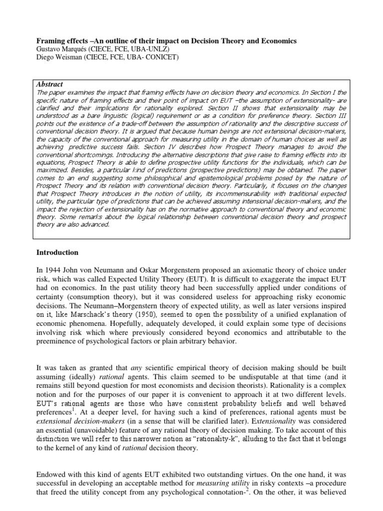 Framing Effects - An Outline of Their Impact On Decision Theory and ...