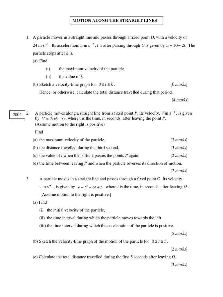 Motion Along A Straight Lines Exercises PDF | PDF | Velocity | Acceleration