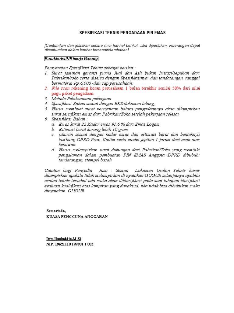 Spesifikasi Pengadaan PIN Emas DPRD | PDF | Teknologi & Rekayasa