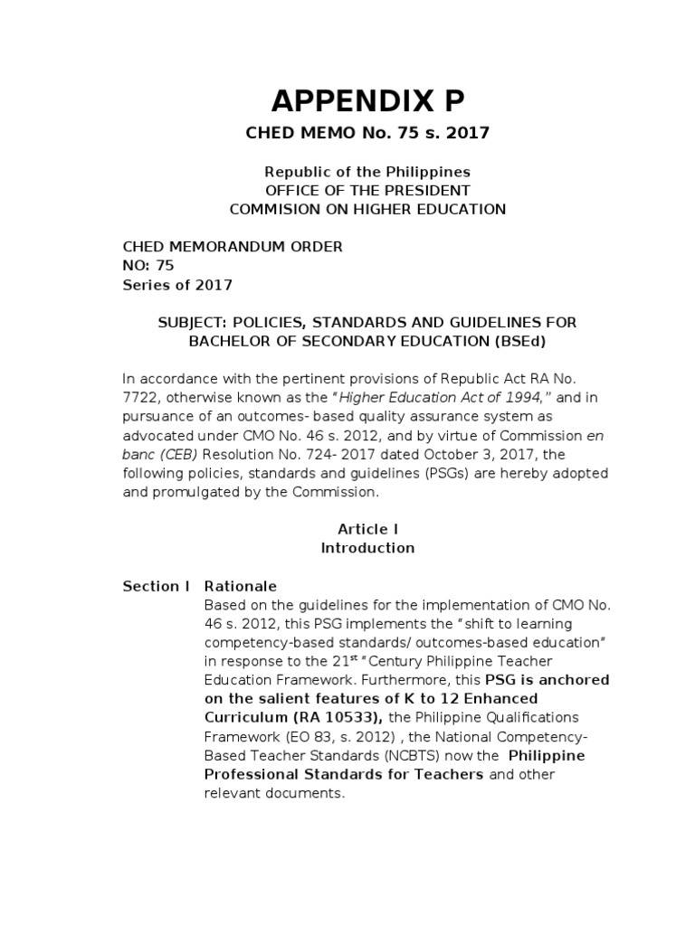 APPENDIX P CHED MEMO 75 S. 2017 | PDF | Curriculum | Bachelor's Degree