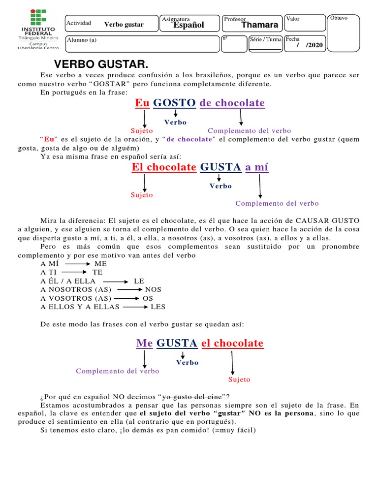 El Verbo Gustar - Explicaciones | PDF | Verbo | Asunto (gramática)