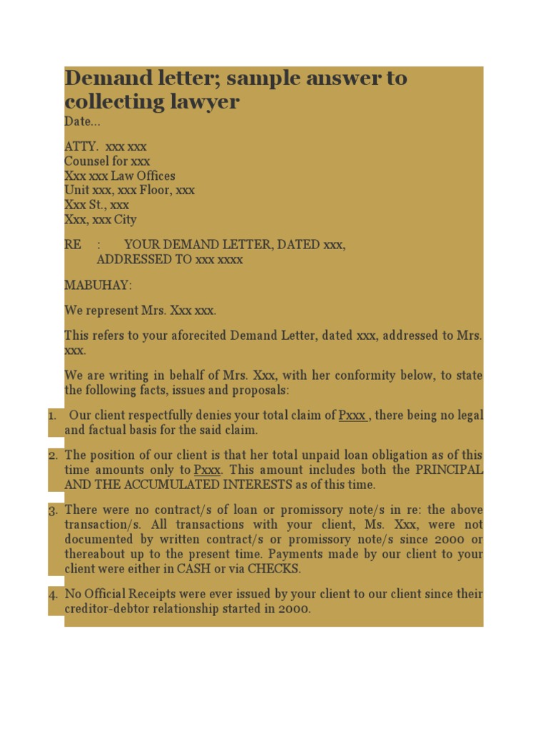 Answer To Demand Letter | PDF | Loans | Equity (Law)