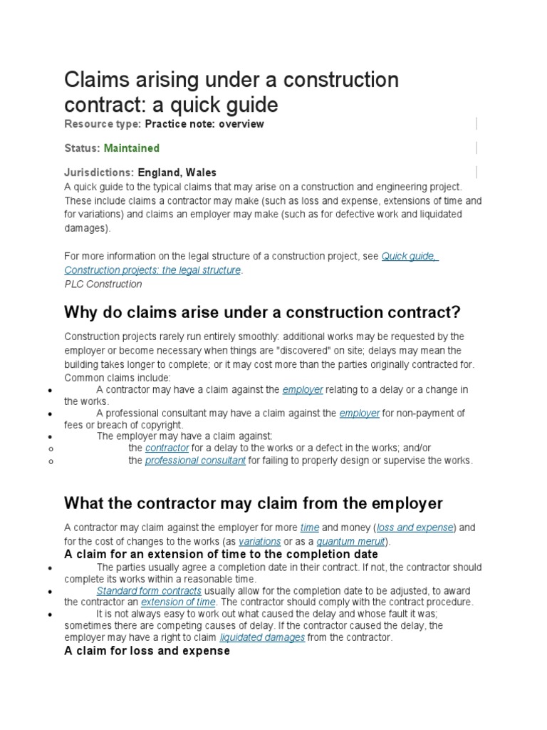 Claims Arising Under A Construction Contract | PDF | Damages ...
