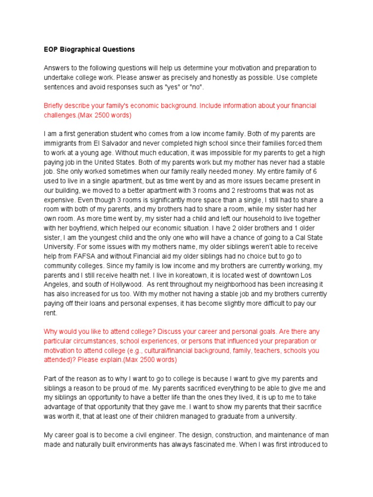 Eop Biographical Questions | PDF | Sibling | Motivation