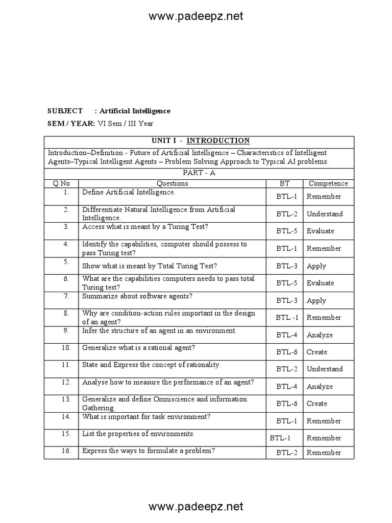 CS8691 QB Artificial Intelligence | PDF | Artificial Intelligence ...