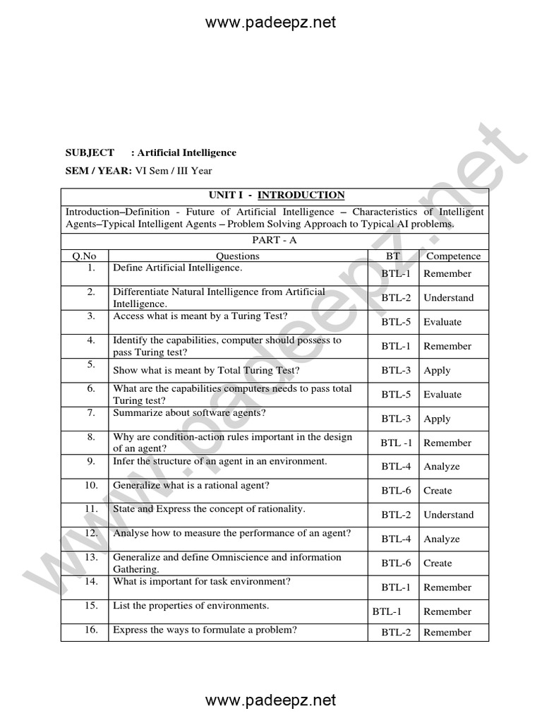 CS8691 QB Artificial Intelligence | PDF | Artificial Intelligence | Intelligence (AI) & Semantics