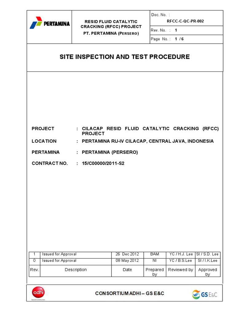 RFCC-C-QC-PR-002 SITE - ITP - PROCEDURE - Rev.1 PDF | PDF | Specification (Technical Standard ...