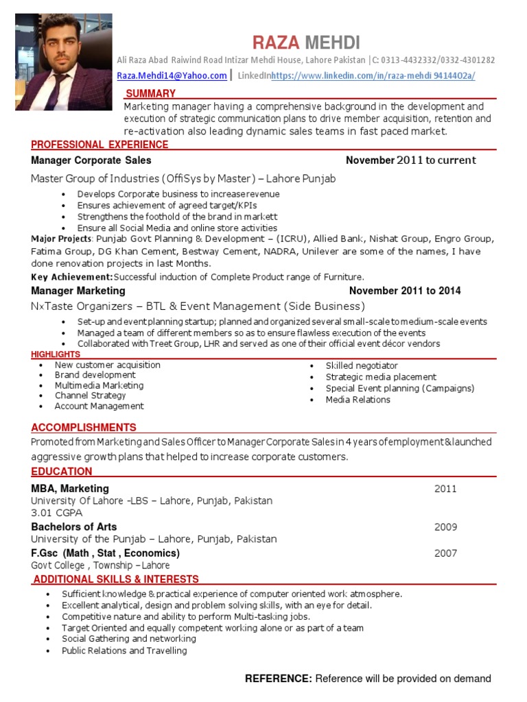 Raza Mehdi (CV - Marketing Department) PDF | PDF | Marketing | Business