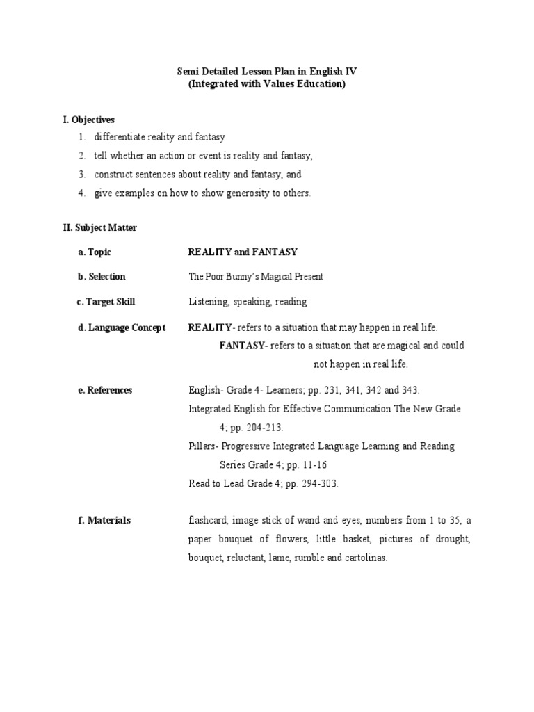 Semi Detailed Lesson Plan in English IV | PDF | Question | Lesson Plan
