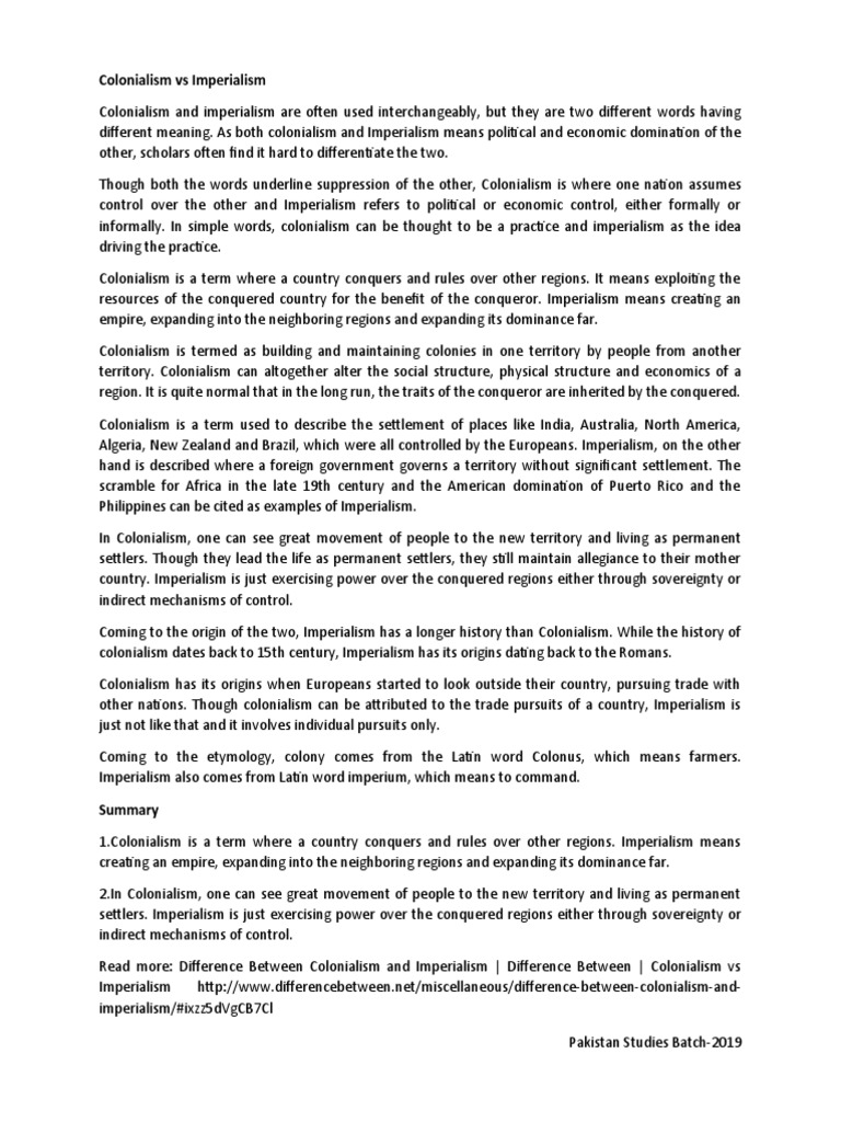 Colonialism Vs Imperialism | PDF | Imperialism | Colonialism