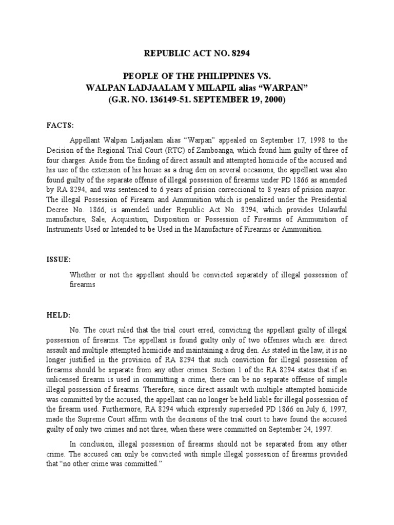 People vs. Walpan Ladjaalam y Milapil - RA 8294 | PDF | Assault | Crime ...