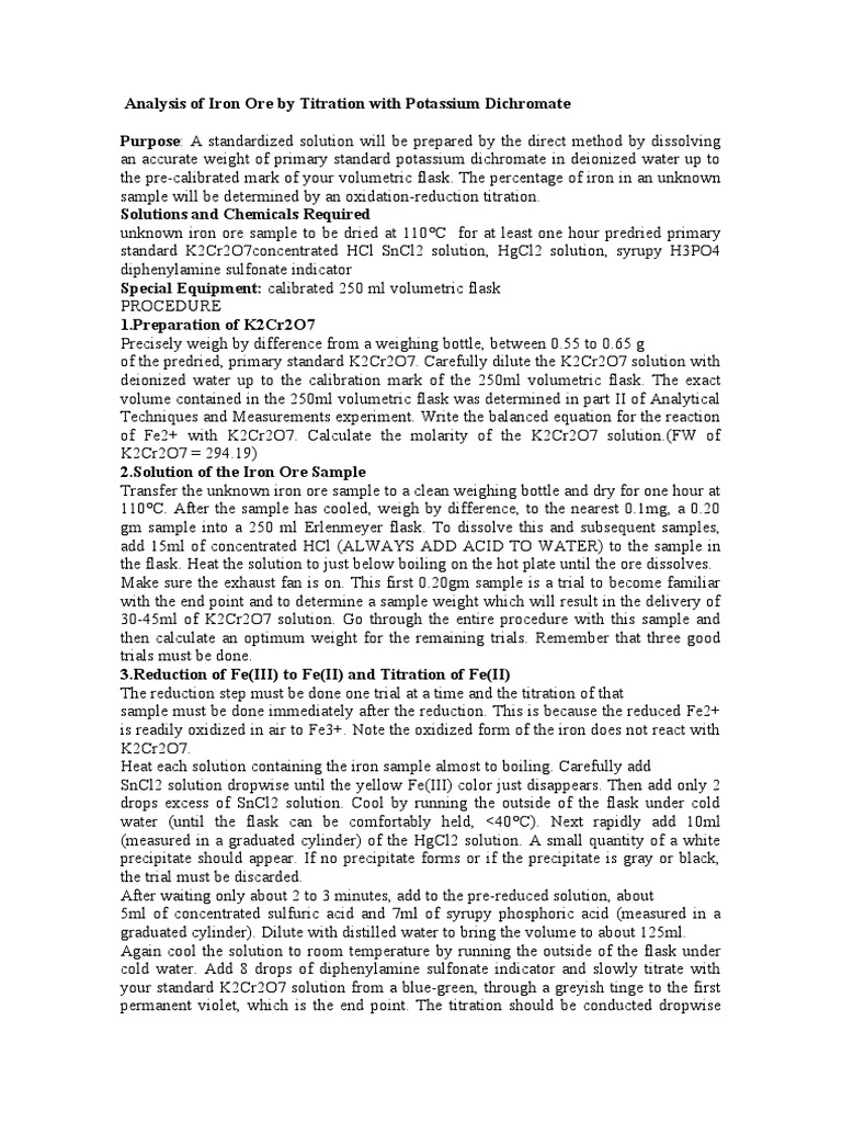 Analysisof Iron Oreby Titrationwith Potassium Dichromate | PDF ...
