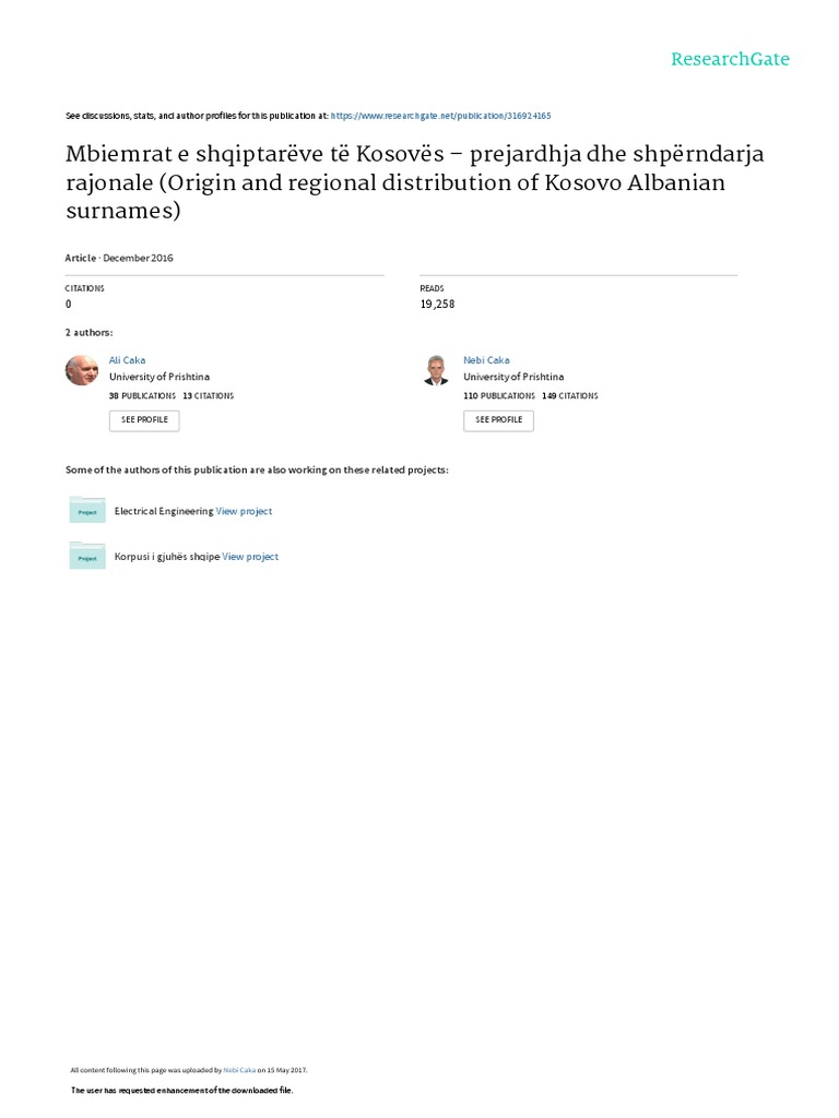 AC NC Mbiemrat e Shqiptareve Te Kosoves Prejardhja | PDF