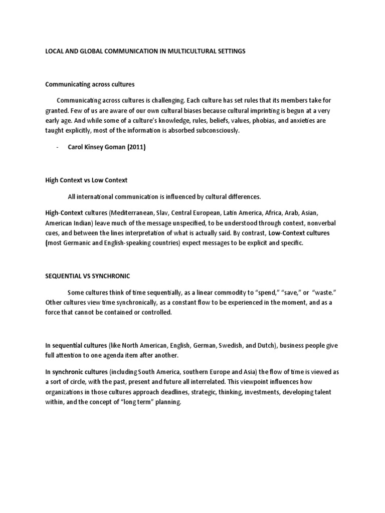 Local and Global Communication in Multicultural Settings | PDF