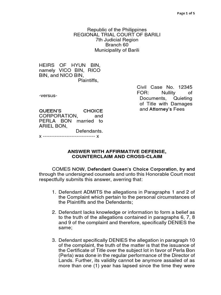 Answer With Affirmative Defense, Counterclaim and Cross-Claim - Limpangug PDF | PDF | Lawsuit ...
