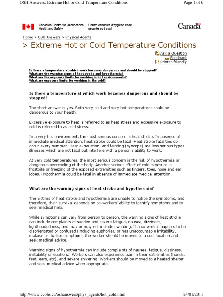 Extreme Hot or Cold Temperature PDF | PDF | Hypothermia | Occupational ...
