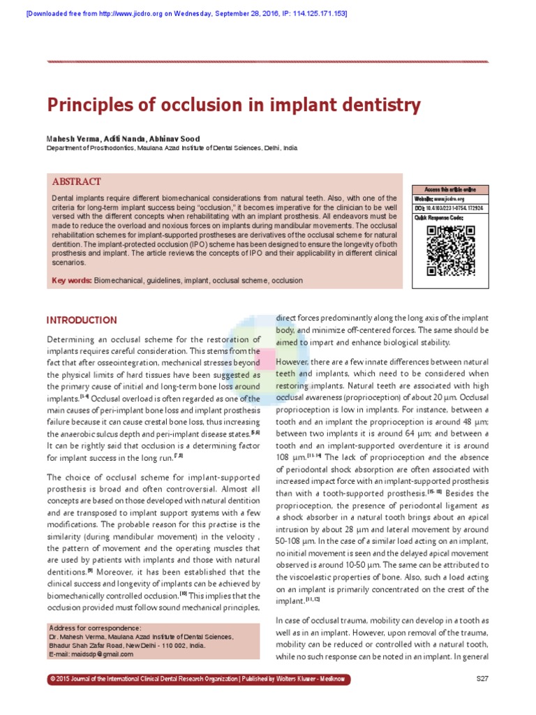 Principles of Occlusion in Implant Dentistry PDF | PDF | Dental Implant ...