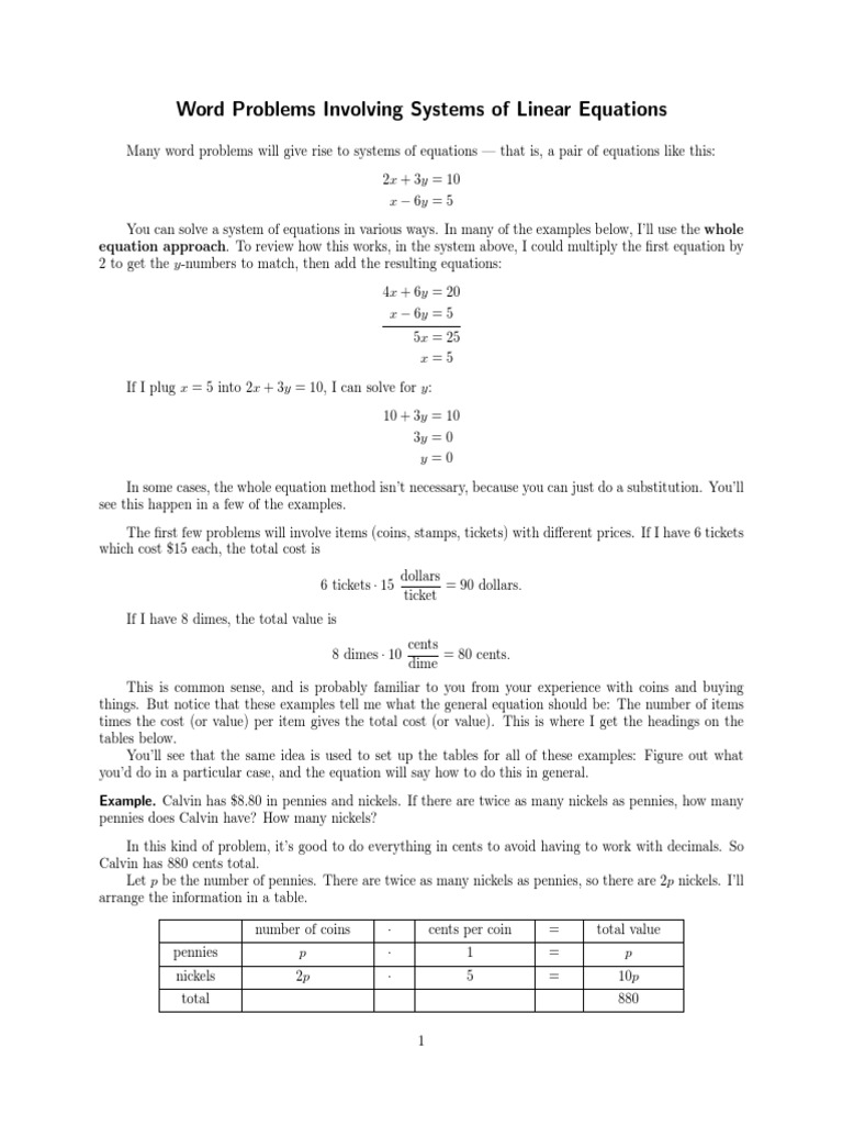 Word Problems: Linear Equations Guide | PDF | Penny | Percentage
