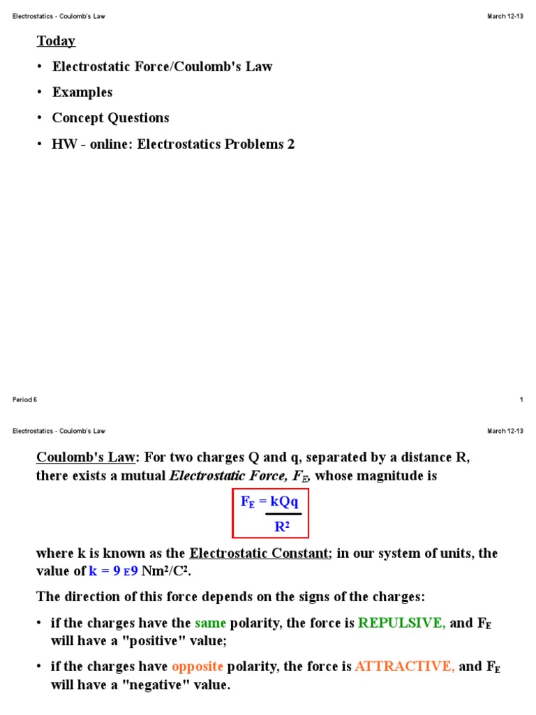 Electrostatics - Coulombs Law Period 6 PDF | PDF | Electric Charge ...