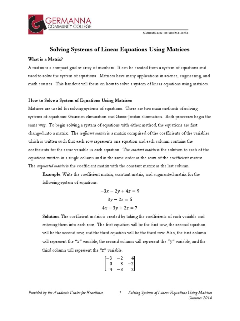 Solving Systems of Linear Equations Using Matrices PDF | PDF | System Of Linear Equations ...