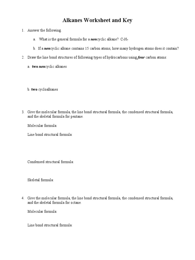 Alkanes Worksheet and Key02 25 09 | PDF | Alkane | Molecules