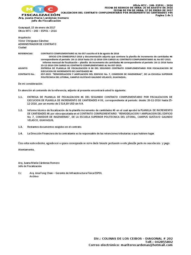Oficio 248 - MTC - ESPOL 2017 ENTREGA DE Planilla 6 de Fiscaliizacion Contrato Complementario ...