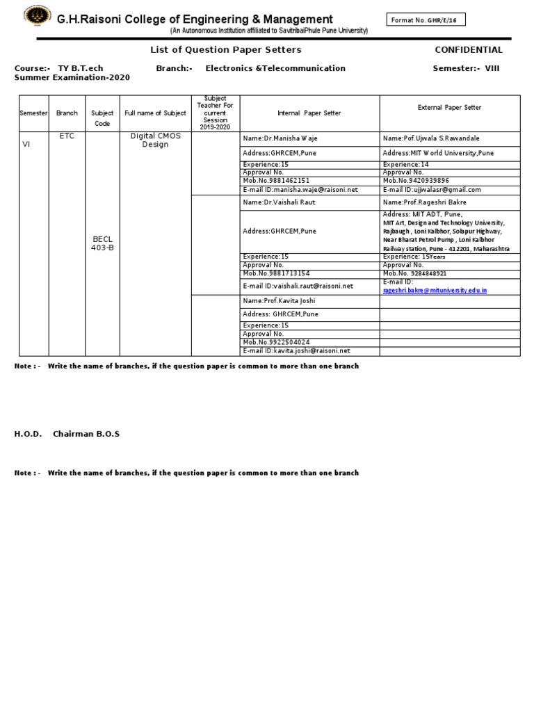 Format No. 16 List of Paper Setter - DCMOS | PDF