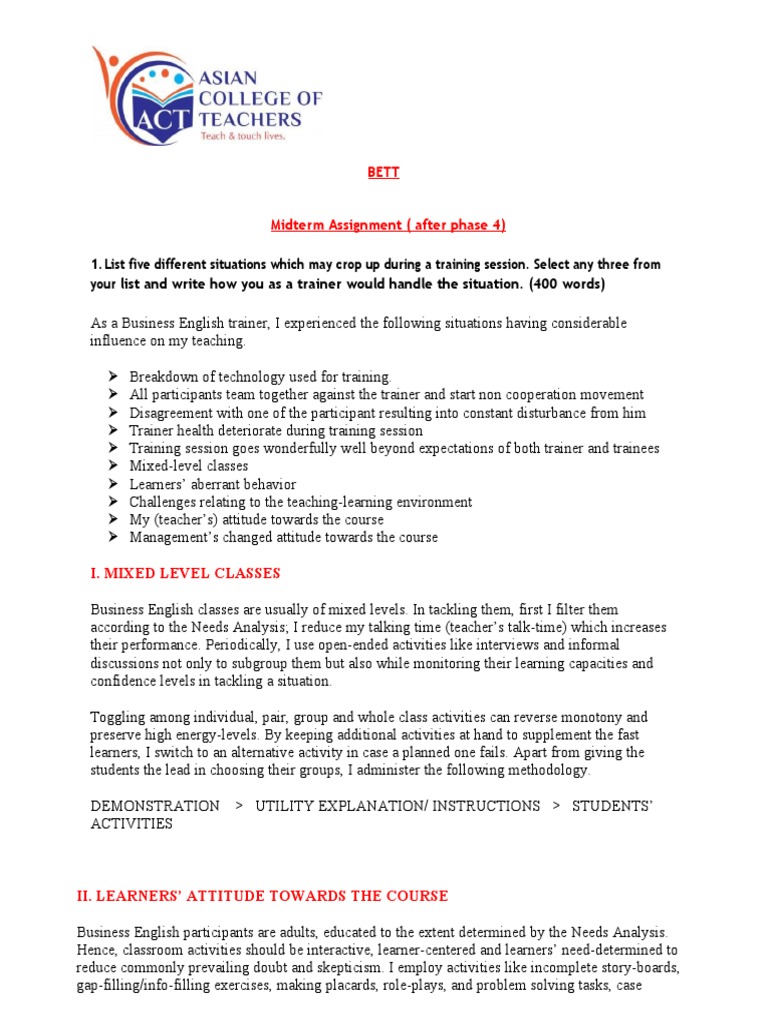 Bett Mid Term Assignment1 Pdf English As A Second Or Foreign Language Learning