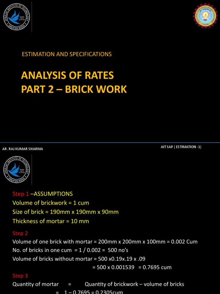 Rate Analysis Brickwork | PDF | Mortar (Masonry) | Brick