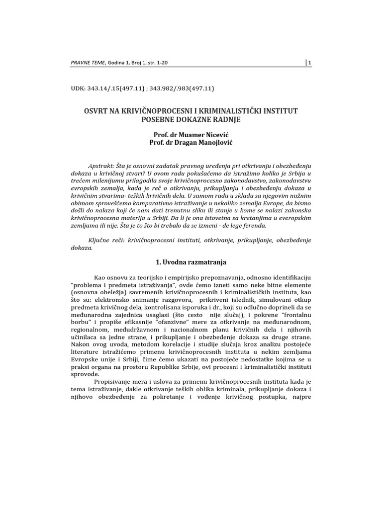 DR Muamer Nicević - Osvrt Na Posebne Dokazne Radnje | PDF